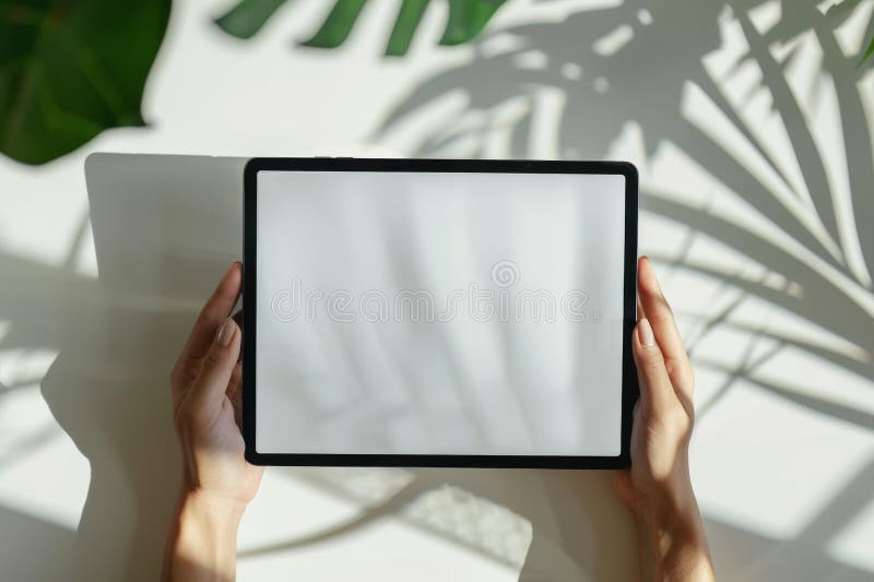 Hands Holding a Black Tablet with a White Screen. Generative AI. Stock ...