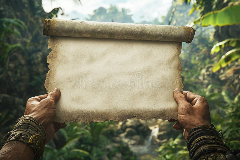 Hands Holding a Blank Ancient Paper Scroll in the Jungle. Add Your Text ...