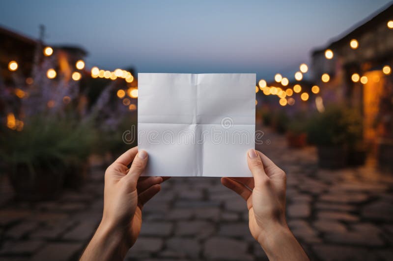 Hands Holding a Blank Paper with Christmas Tree Lights Shining Stock ...