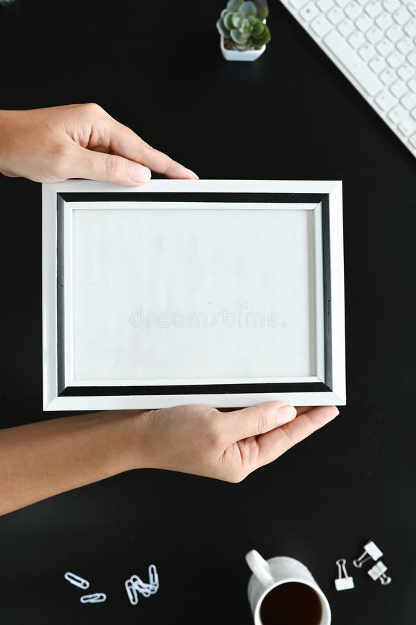 Hands Holding Blank Picture Frame Top View Office Desk with Work ...