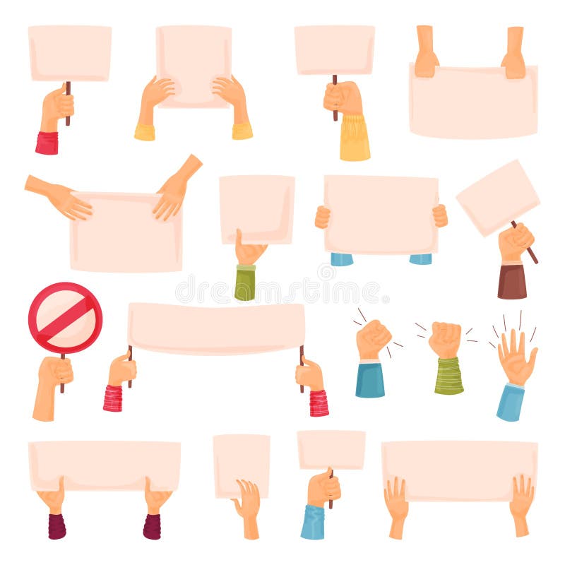 Hands Holding Blank Placards and Empty Protest Poster Big Vector Set ...