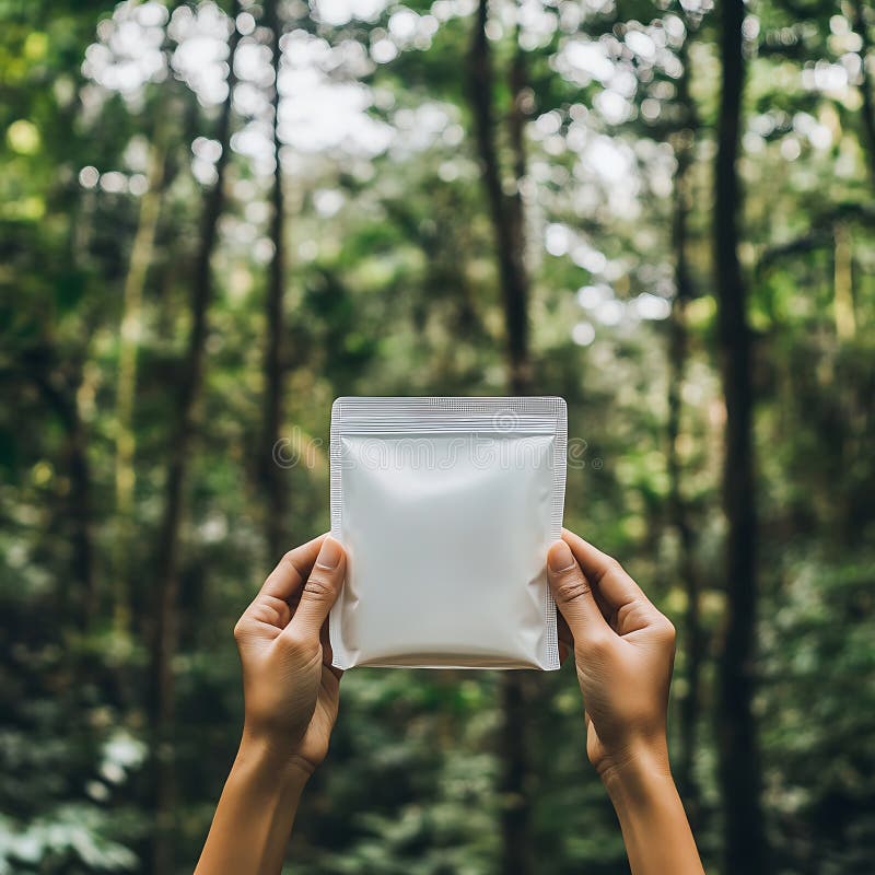 Hands Holding Blank White Pouch in Lush Green Forest Stock Illustration ...