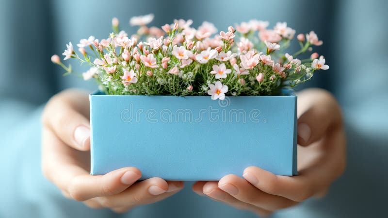 Hands Holding a Blue Box with Delicate Pink Flowers on a Soft ...