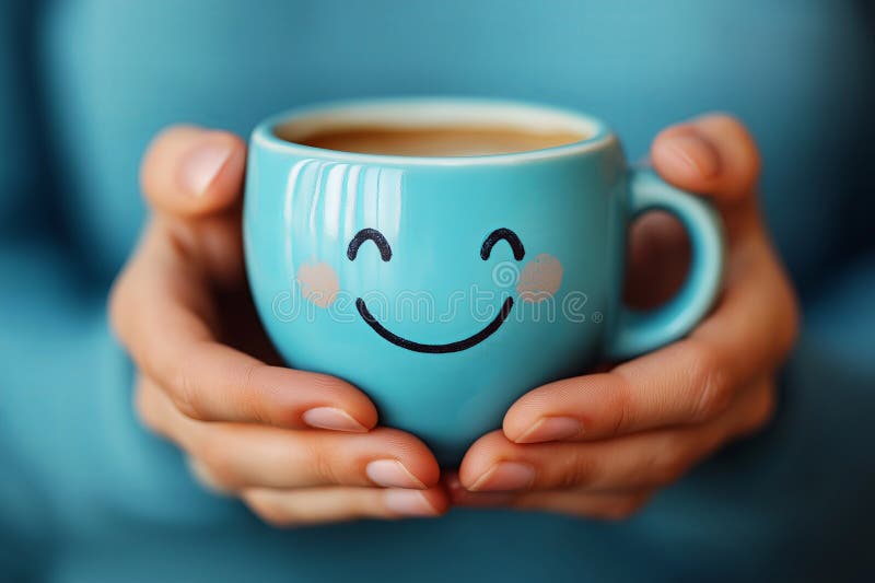 Hands Holding a Blue Coffee Cup with Happy Face Stock Illustration ...