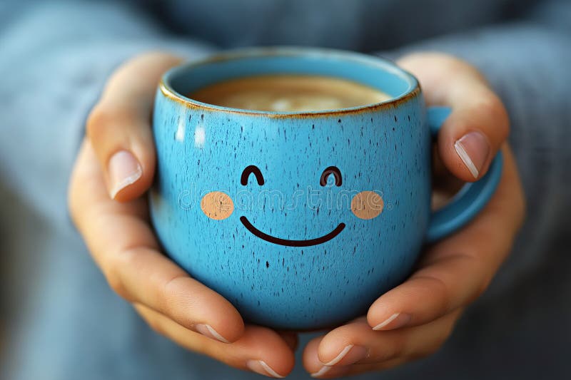Hands Holding a Blue Coffee Cup with Happy Face Stock Illustration ...