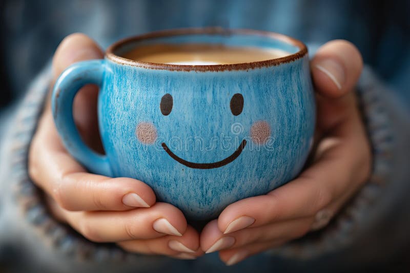 Hands Holding a Blue Coffee Cup with Happy Face Stock Illustration ...