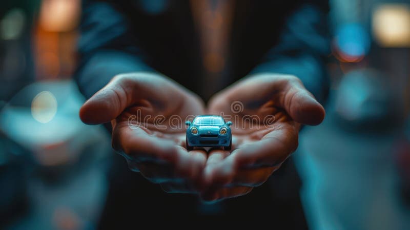 The Hands Holding Blue Miniature Car. AI Generated Stock Image - Image ...