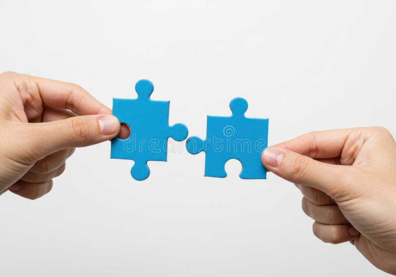 Hands Holding Blue Puzzle Pieces Against White Background for Teamwork ...
