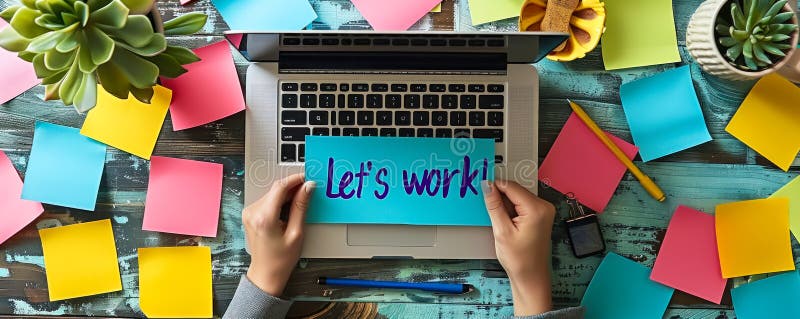 Hands Holding a Blue Sticky Note with the Phrase Let S Work! Amidst a ...