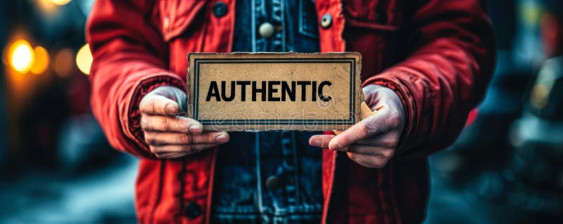Hands Holding a Bold AUTHENTIC Sign Against a Bokeh Light Background ...