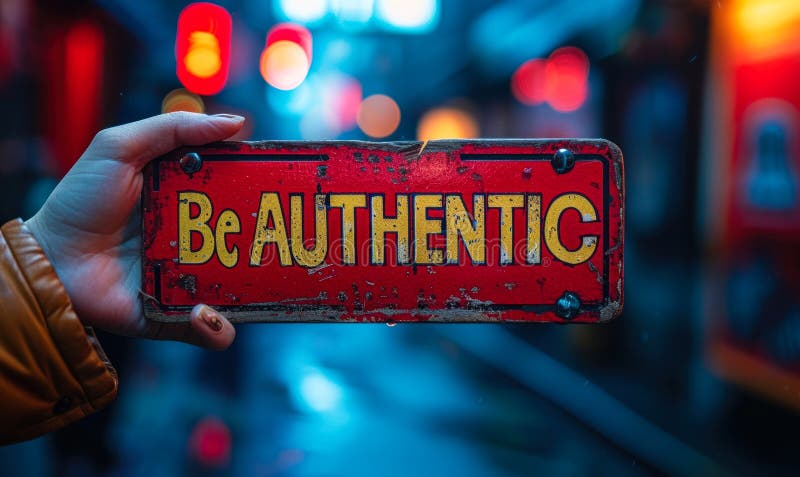 Hands Holding a Bold Be AUTHENTIC Sign Against a Bokeh Light Background ...