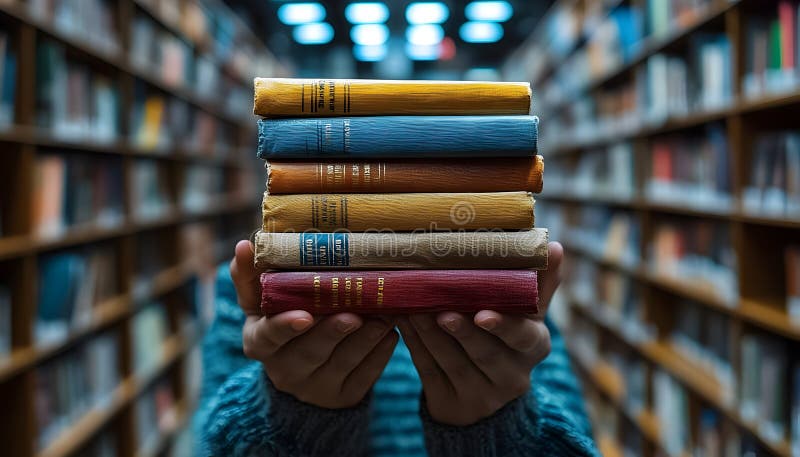 Stack of Books in Library stock illustration. Illustration of stories ...