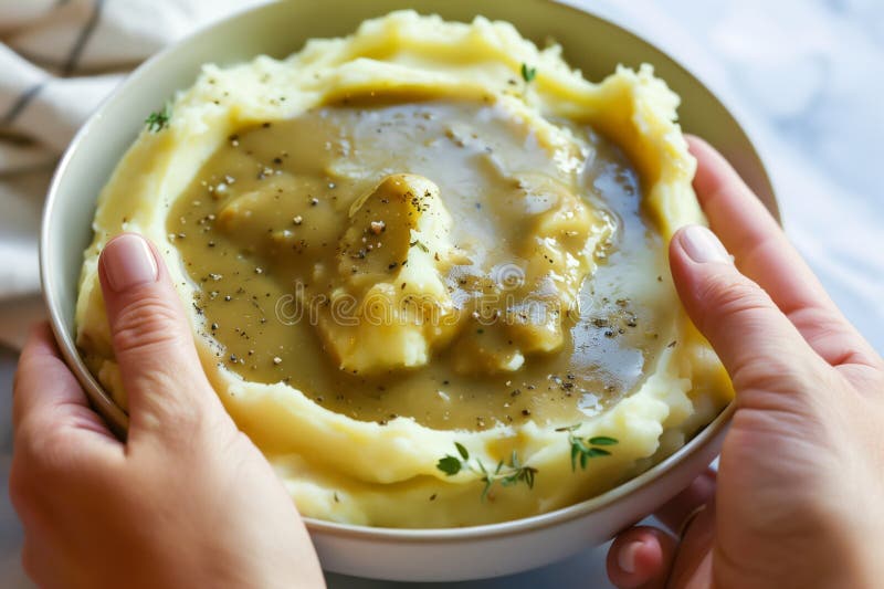 Hands Holding a Bowl of Creamy Mashed Potatoes with Gravy Stock ...