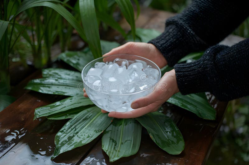 Hands Holding Bowl of Ice Cubes, Surrounded by Green Leaves, Natural ...