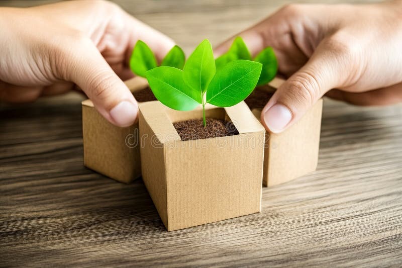 Hands Holding a Box with Leaves on it Stock Illustration - Illustration ...