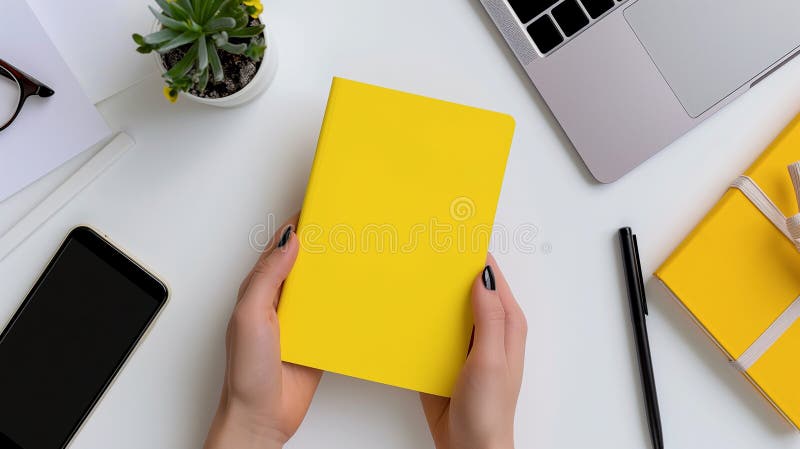 Hands Holding Bright Yellow Notebook Cover Mockup at Creative Workspace ...