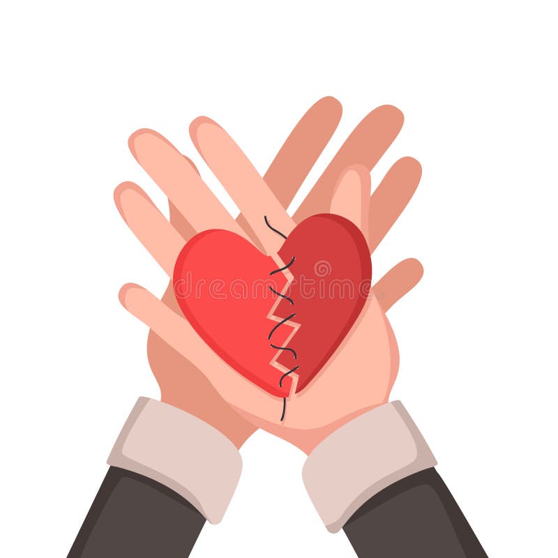 Hands Holding Broken Heart Torn Stitched with Threads Stock Vector ...