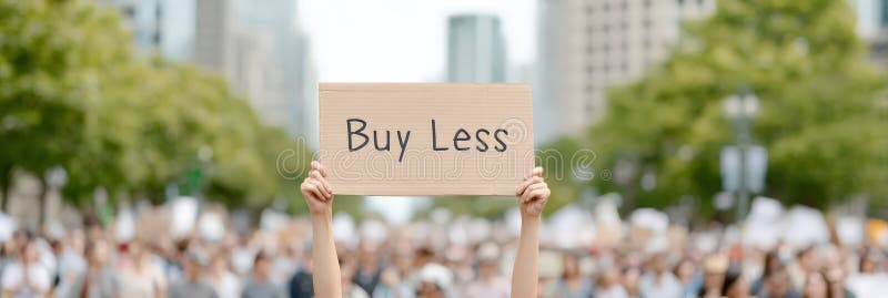 Hands Holding Buy less Sign at Environmental Protest in Urban Setting ...
