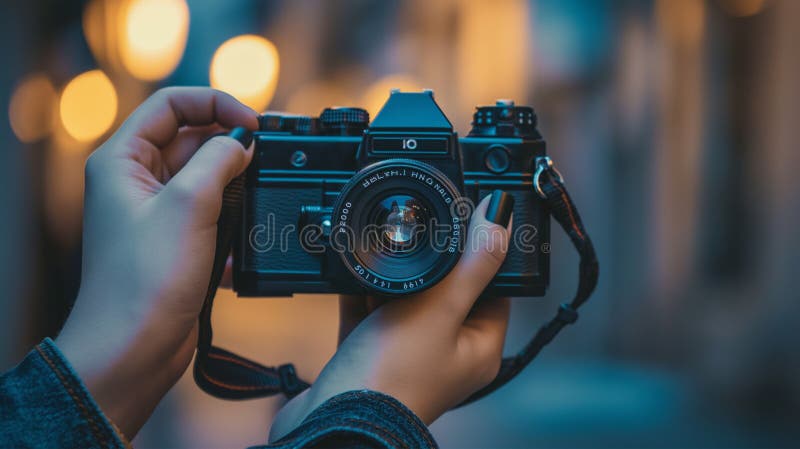 Hands Holding Camera with Blur Lights in the Background Stock ...