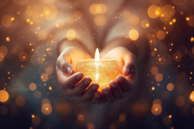 Hands Holding Candle with Shining Flame and Blurry Lights. Generative ...