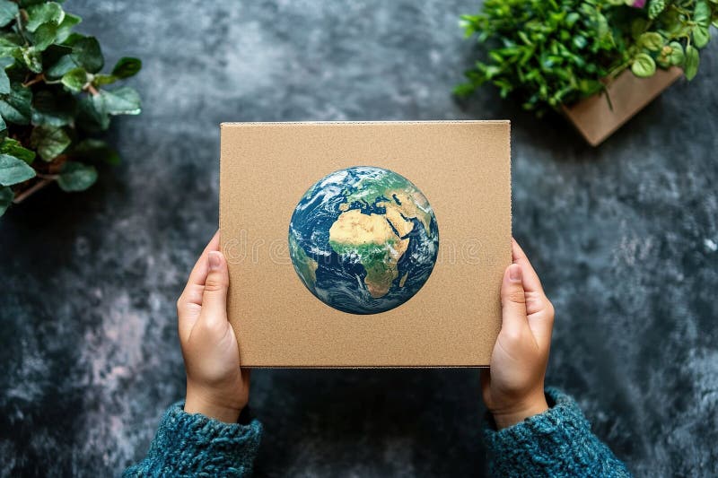 Hands Holding a Cardboard Poster with Image of Planet Earth Top View ...