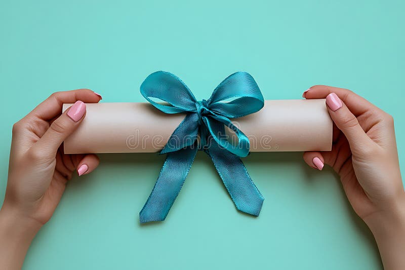 Hands Holding Certificate Scroll with Blue Ribbon on Light Green ...