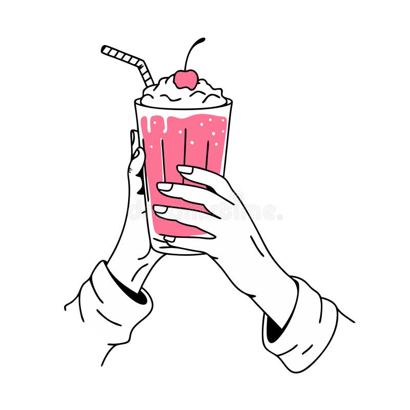 Hands Holding Cherry Topped Milkshake with Striped Straw Vector ...