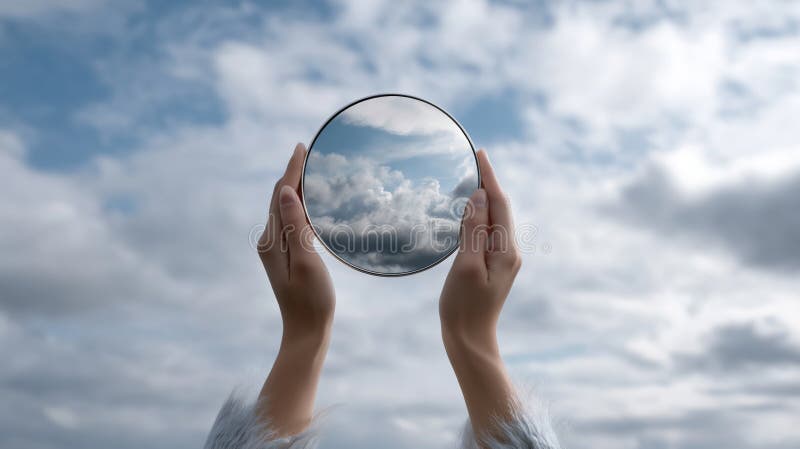 Reflective Moment in the Sky with Hands Holding a Circular Mirror Stock ...