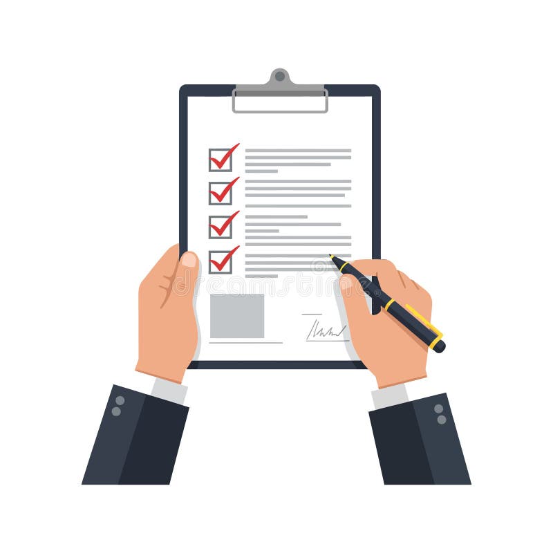 Hands Holding a Clipboard with Checklist and Pen in Flat Design Style ...