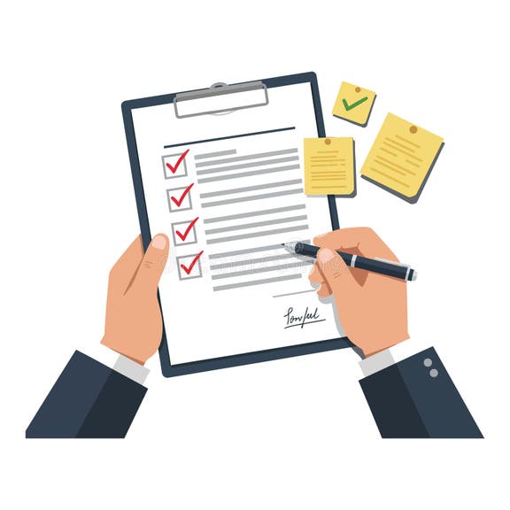 Hands Holding a Clipboard with Checklists and Notes in a Flat Vector ...