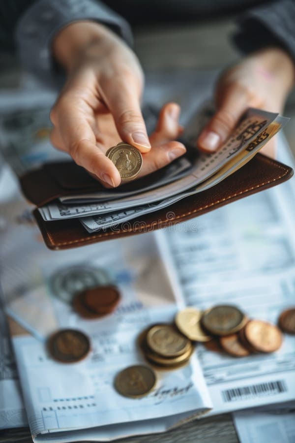 Hands Holding a Coin and a Wallet with Utility Bills Underneath ...