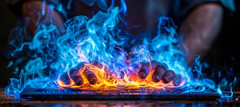 Hands Holding Colorful Blue and Orange Flames Burning Bright, Abstract ...