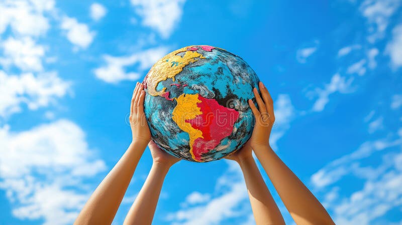 Hands Holding Colorful Globe Against Blue Sky. Earth Day, Earth Hour ...