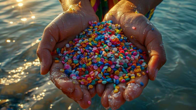Hands Holding Colorful Microplastics, Ocean Pollution, Environmental ...