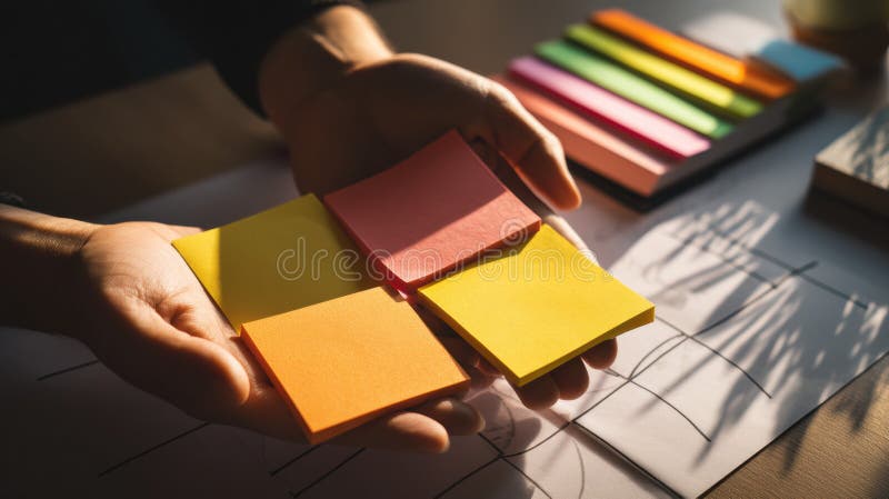 Hands Holding Colorful Sticky Notes in Bright Workspace, Symbolizing ...