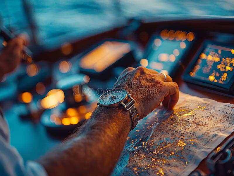 Hands Holding Compass and Examining Navigational Charts on Ship S Deck ...