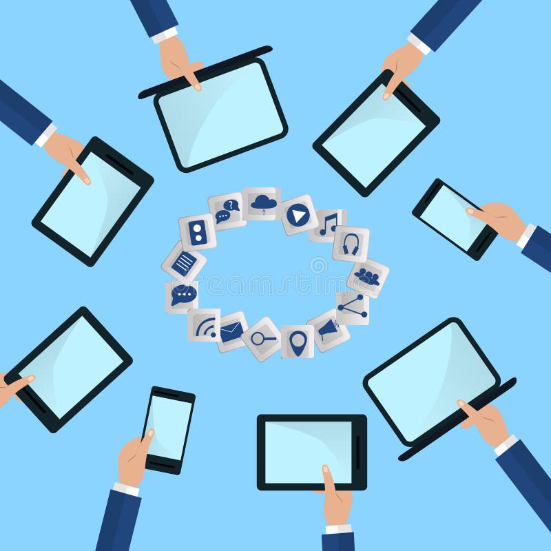 Hands Holding Computer Devices Connect To Modern Cloud Services. Flat ...