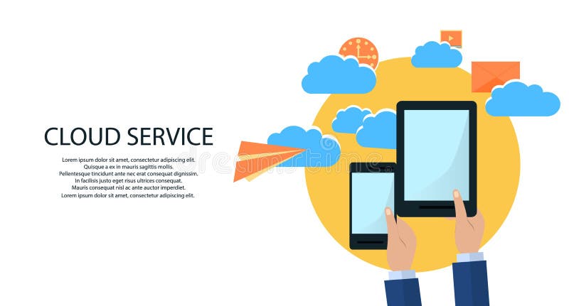 Hands Holding Computer Devices Connect To Modern Cloud Services. Flat Illustration. Stock Vector ...