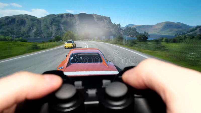 Hands Holding a Console Controller. Computer Game Car Racing Stock ...