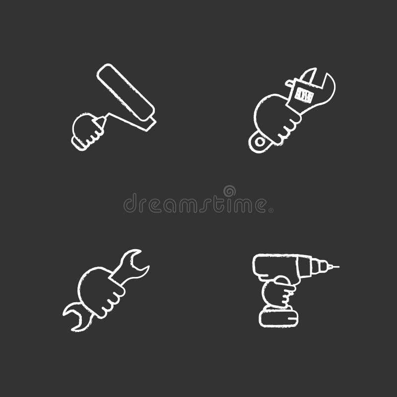 Hands Holding Construction Tools Chalk Icons Set Stock Vector ...