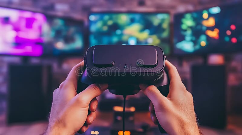 Hands Holding a Controller in Front of Television Screens Stock ...