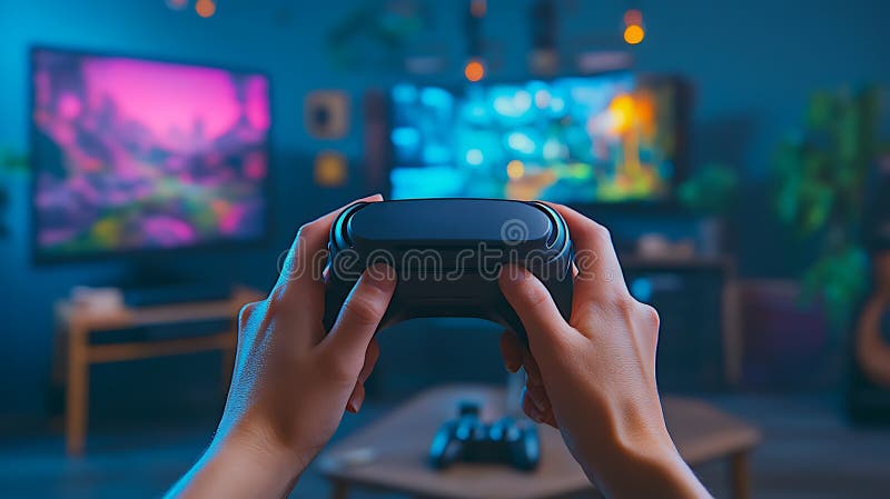 Hands Holding a Controller Ready To Play a Video Game Indoors Stock ...