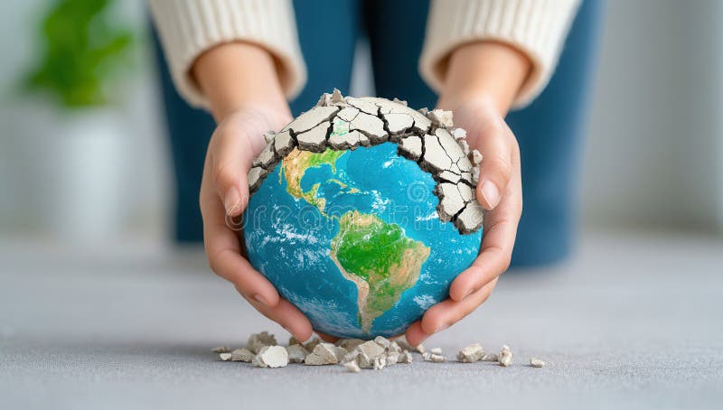 Hands Holding Cracked Earth Globe Representing Global Environmental ...