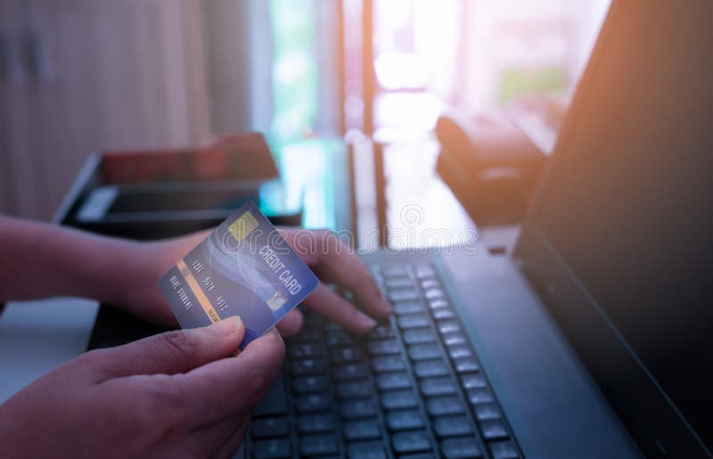 Hands Holding a Credit Card, Online Payment and Using Computer Laptop ...