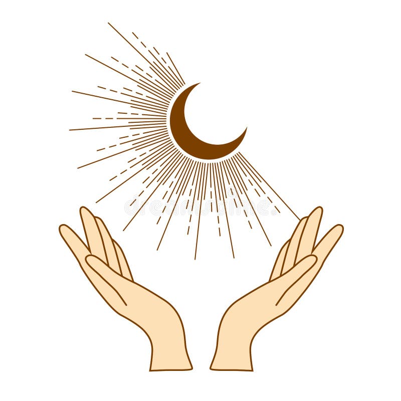 Hands are Holding a Crescent Moon. Boho Style Illustration, Trendy ...