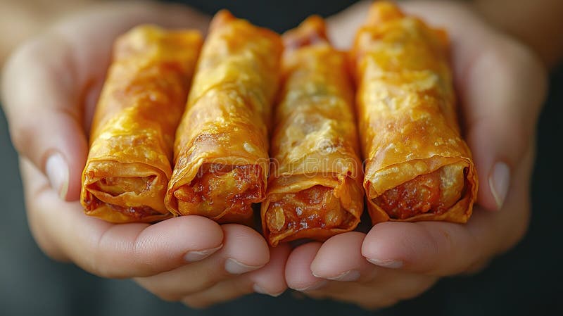Hands Holding Crispy Fried Spring Rolls Stock Illustration ...