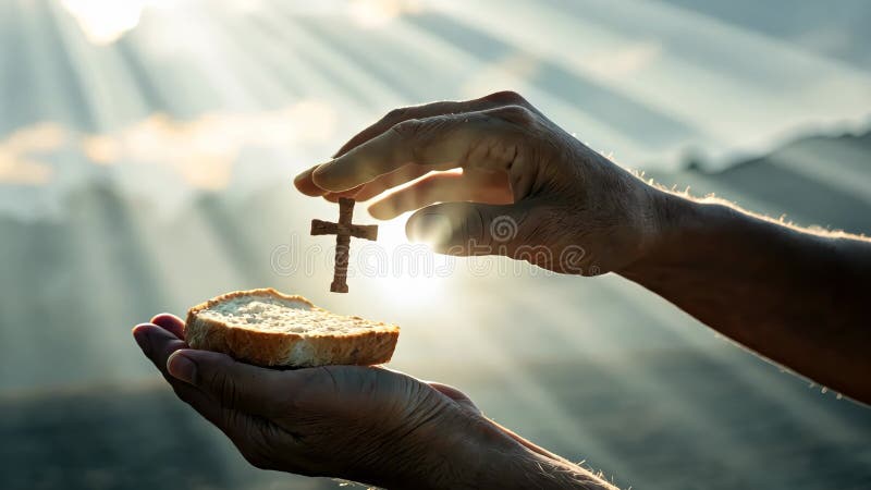 Hands Holding Cross and Bread in Sunlight Stock Video - Video of ...