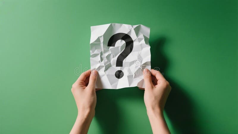 Hands Holding Crumpled Paper with Question Mark on Green Background ...