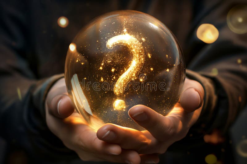 Hands Holding Crystal Ball with Glowing Question Mark and Sparkling ...