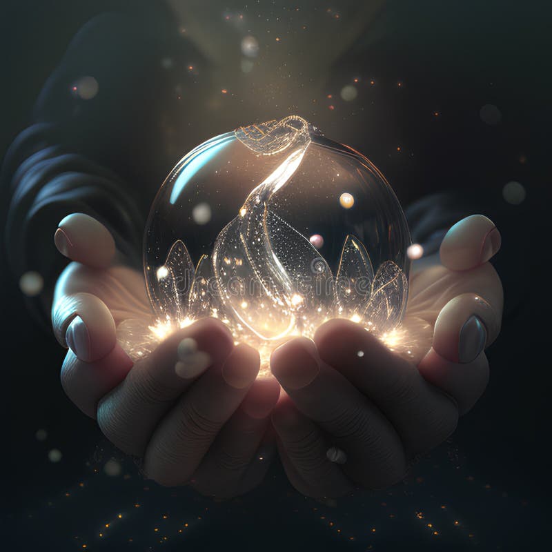 Hands Holding Crystal Ball with Magic Light Inside, 3D Rendering Stock ...
